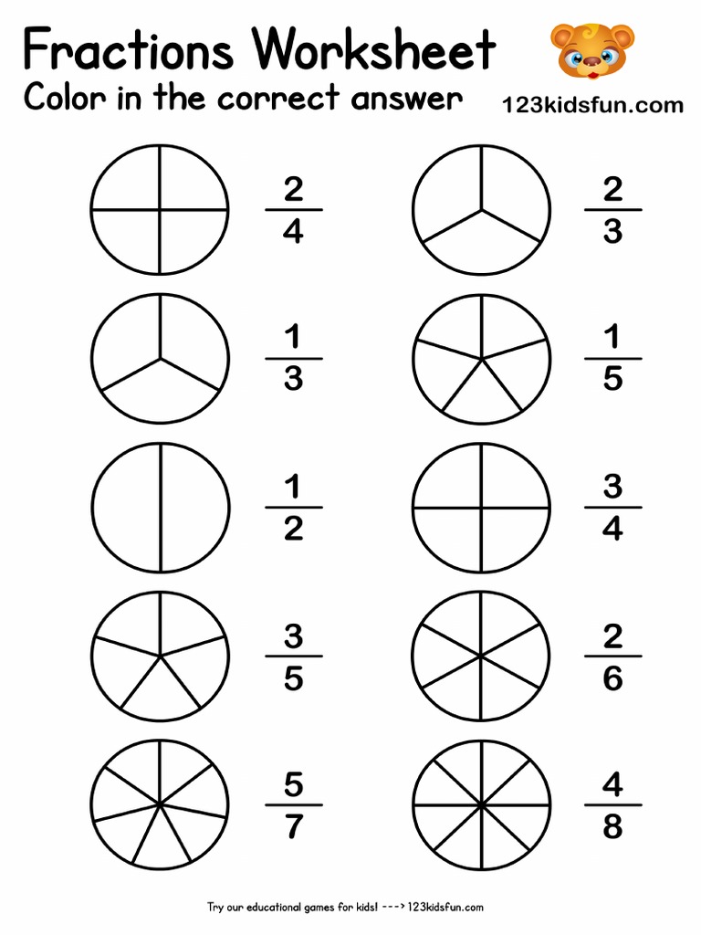 Fraction Circles Math Worksheets For Kids 03 | PDF