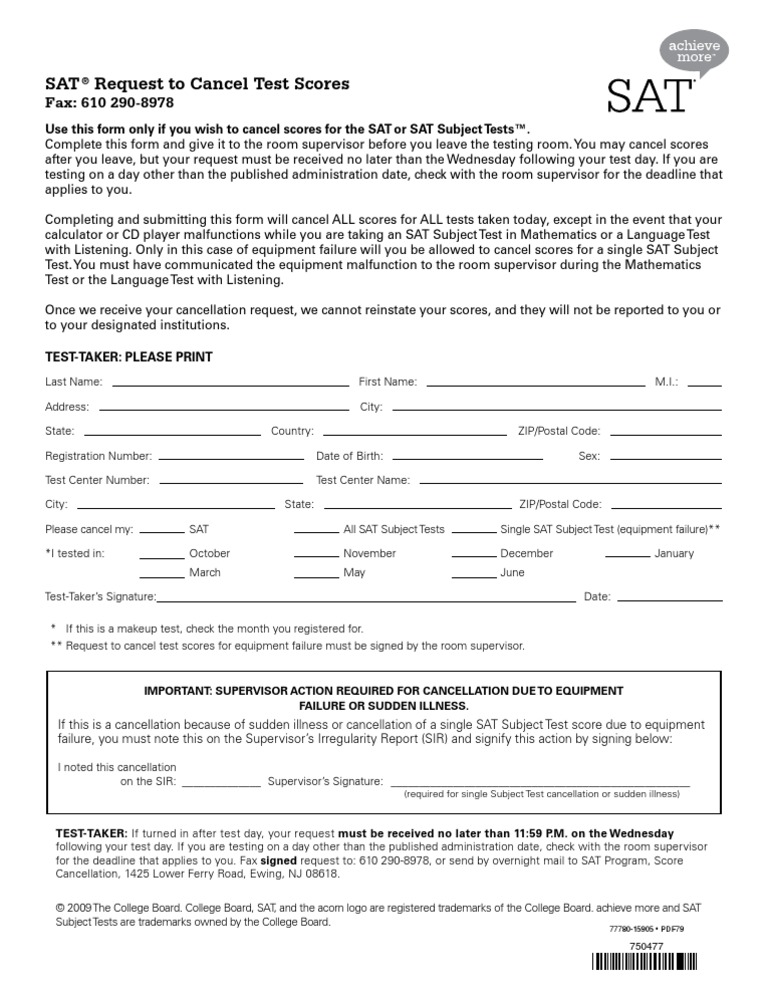 Cancel SAT scores request form | PDF | Sat | Zip Code