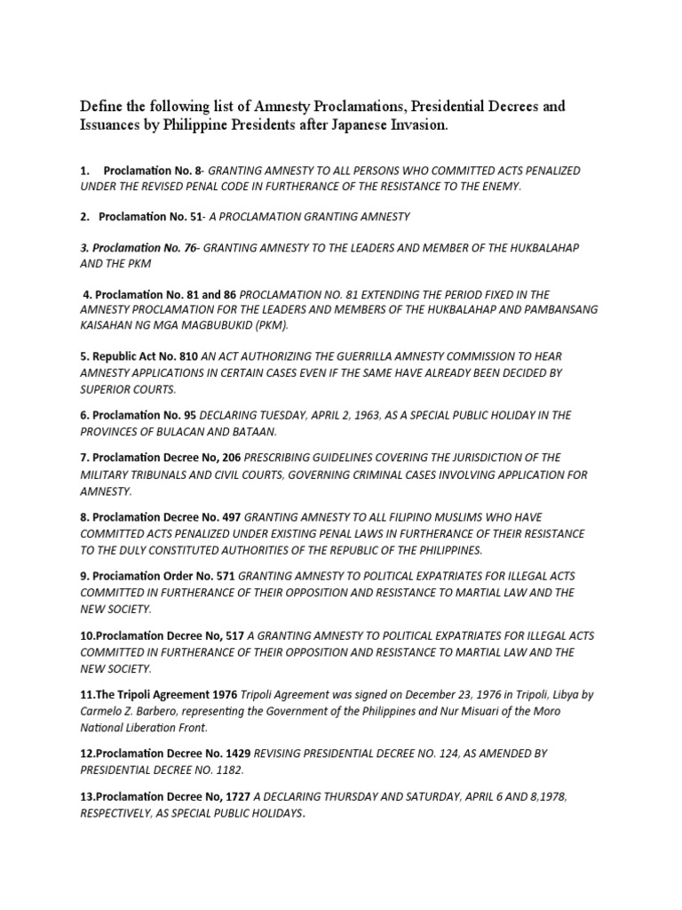 Define The Following List of Amnesty Proclamations | PDF | Crimes ...