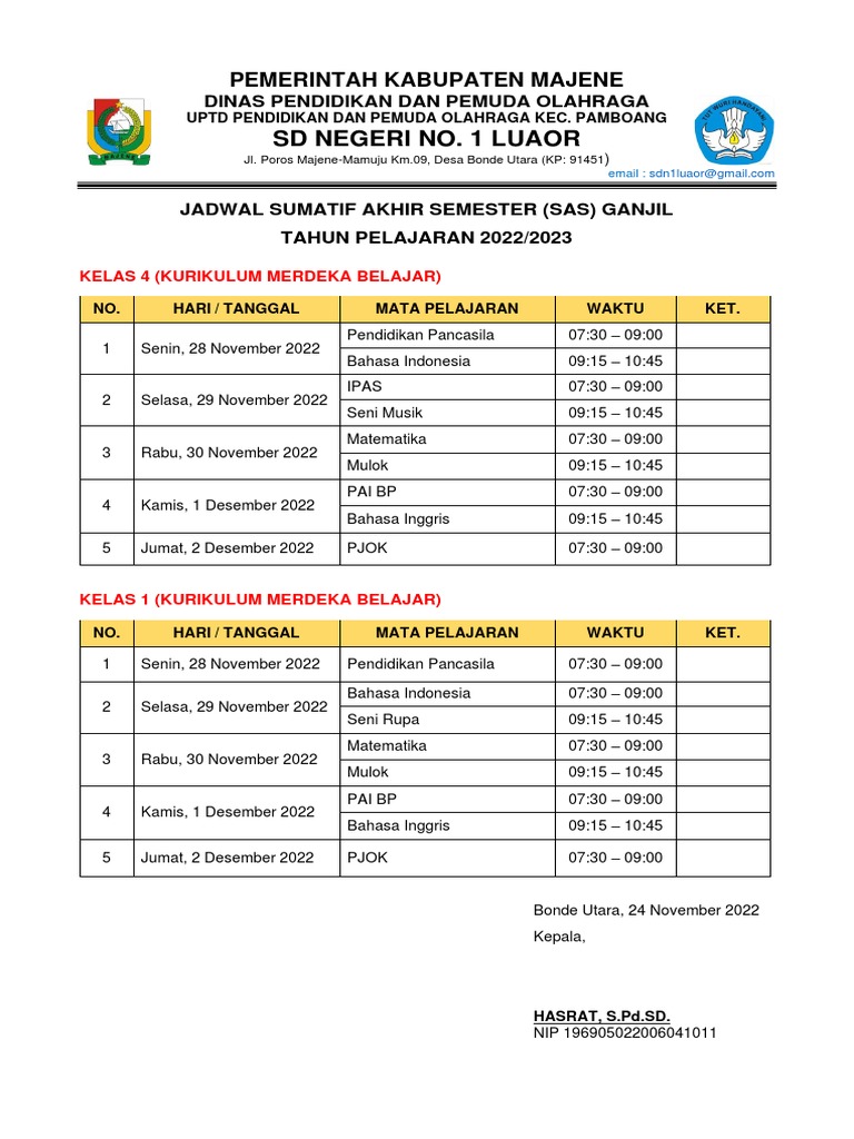 Jadwal Pas Semester Ganjil Tapel 2022-2023 | PDF