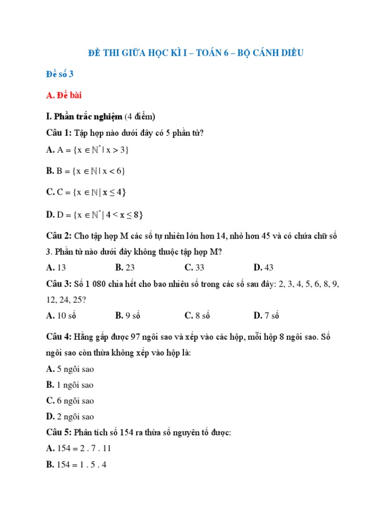 Bo 20 de Thi Giua Ki 1 Toan Lop 6 Co Dap An Nam 2022 2023 Canh Dieu | PDF