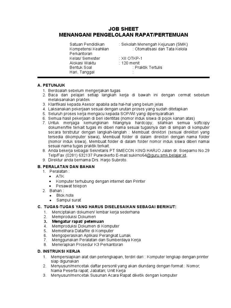 Job Sheet Menangani Pengelolaan Rapat-Pertemuan | PDF