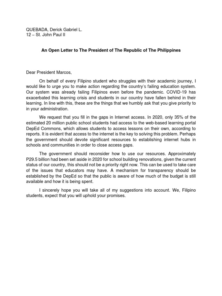 UCSP - Open Letter To The President | PDF