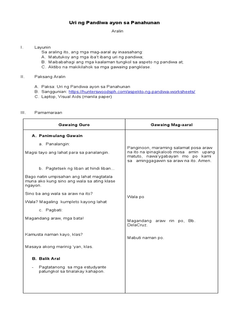 Lesson-Plan Uri NG Pandiwa Ayon Sa Panahunan | PDF