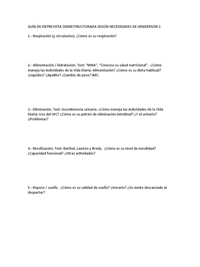 Guía de Entrevista Semiestructurada Según Necesidades de Henderson 1 | PDF