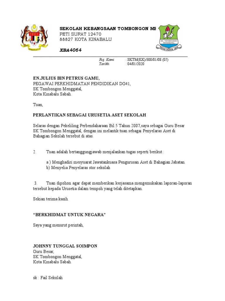 Surat Lantikan Pegawai Aset Sekolah 2019 | PDF