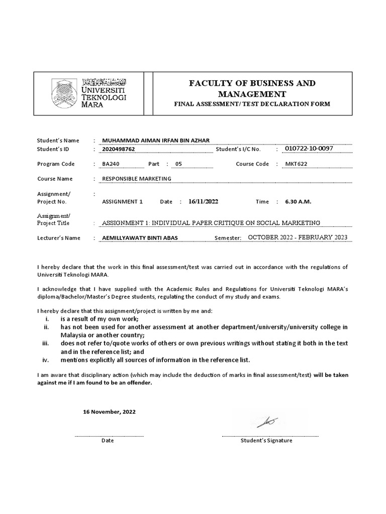 Student Assessment Declaration | PDF | Career & Growth