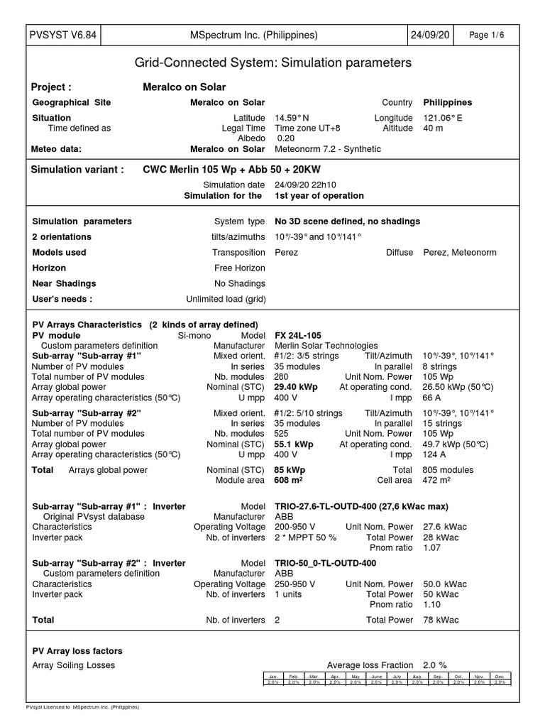 PVsyst Meralco CWC Merlin 105Wp + Abb | PDF | Photovoltaics | Solar Panel