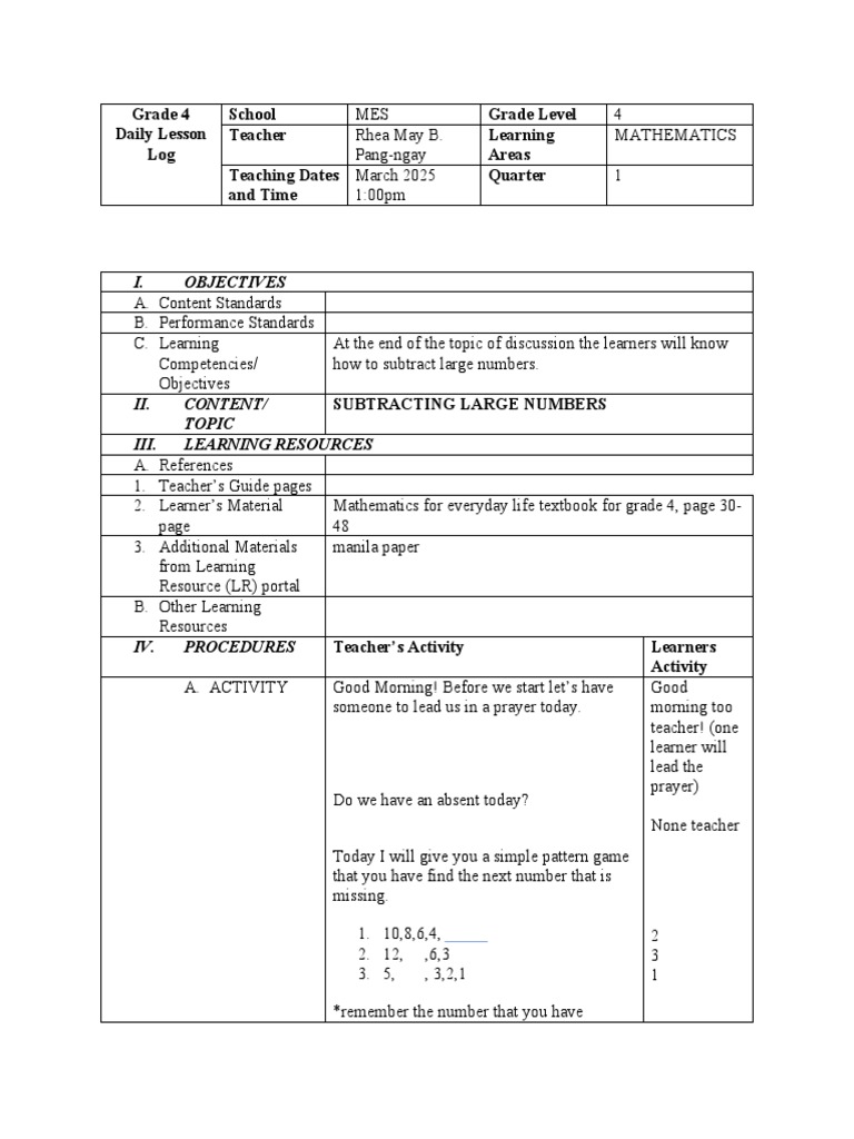 Grade 4 Math Lesson on Subtracting Large Numbers | PDF | Learning ...