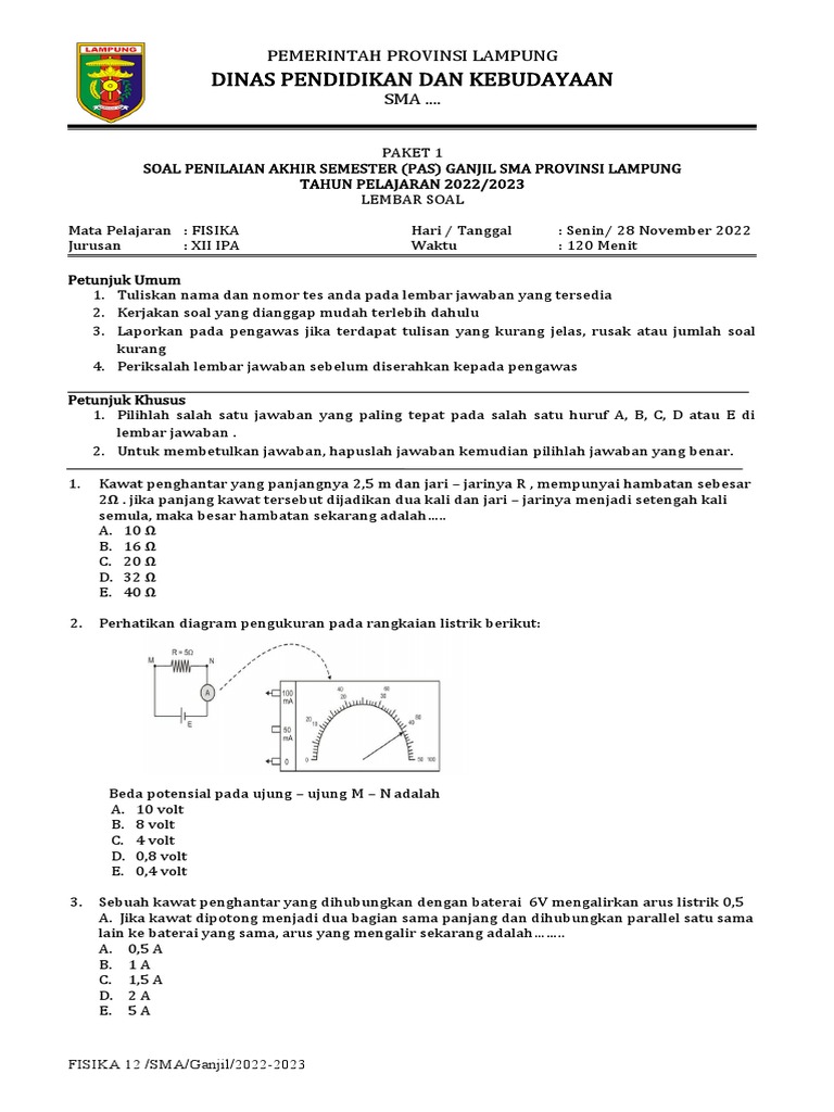 Soal Pas Fisika 12 Ganjil, Paket 1 | PDF | Sains & Matematika