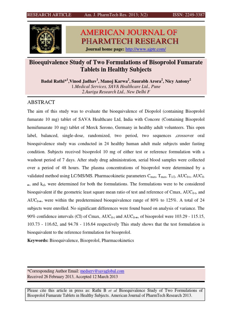 Bioequivalence Study of Two Formulations of Bisoprolol Fumarate Tablets ...