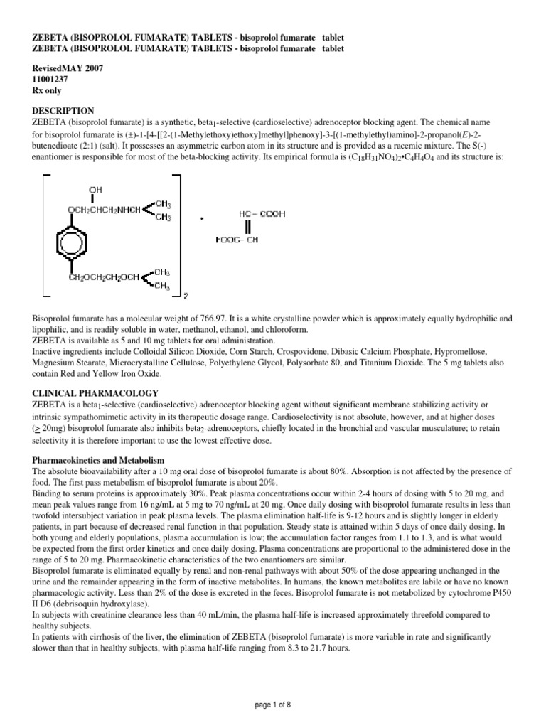 Zebeta (Bisoprolol Fumarat) | PDF | Blood Pressure | Heart Failure