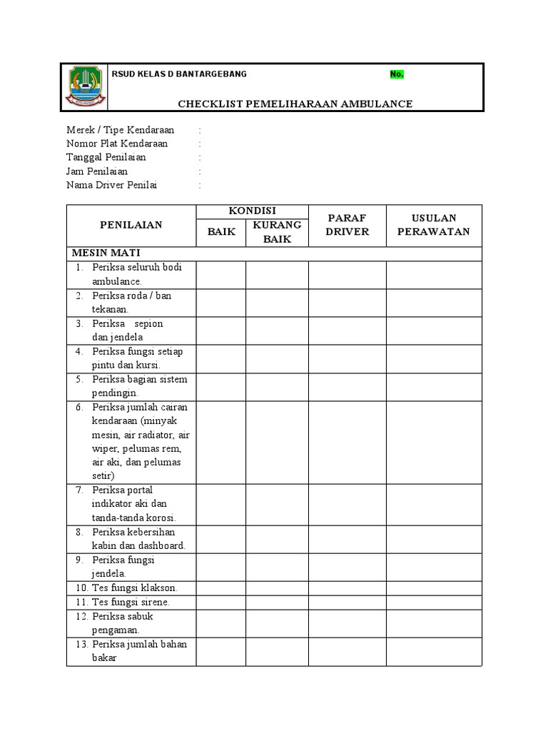 Checklist Pemeliharaan Ambulance | PDF