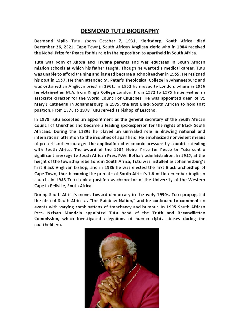 Desmond Tutu Biography | PDF | Social Science | Religion & Spirituality