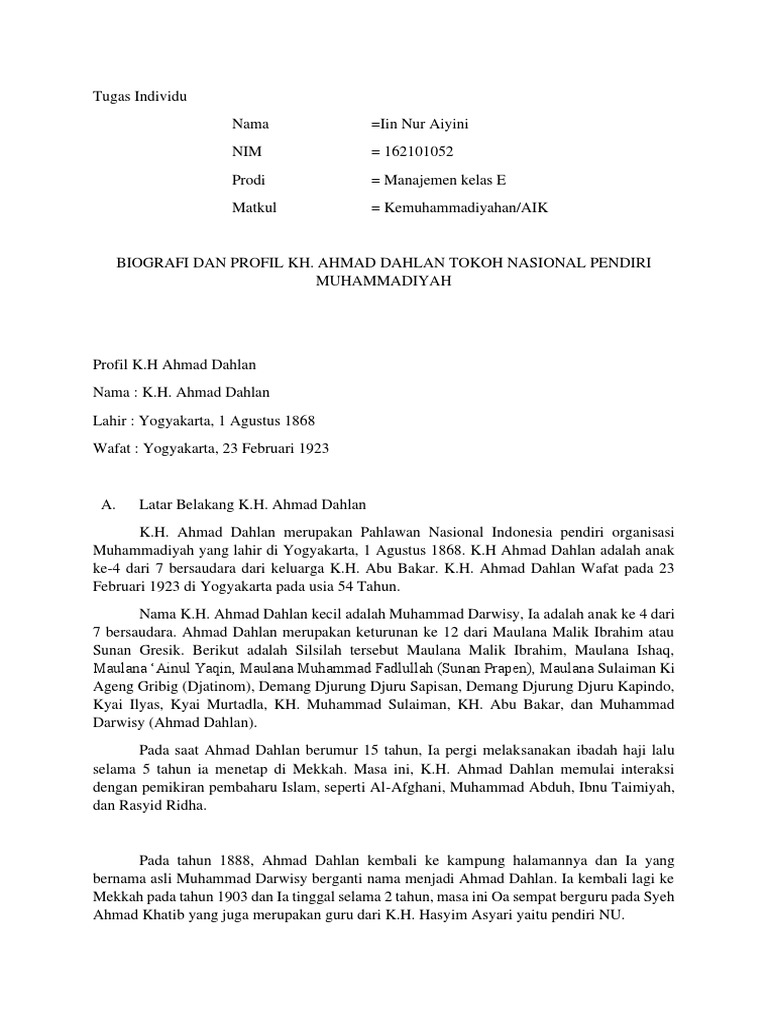 Rangkuman Profil KH. Ahmad Dahlan - Iin Nur Aiyini | PDF