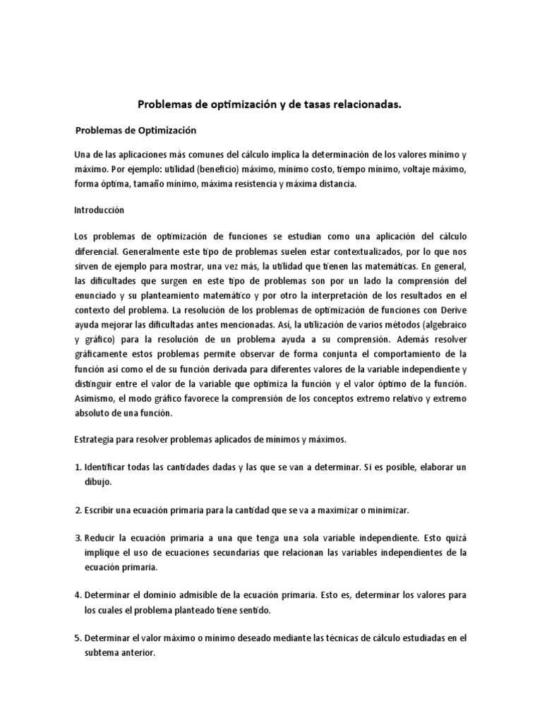 Problemas de Optimizacion y Tasas Relacionadas | Descargar gratis PDF | Optimización Matemática ...