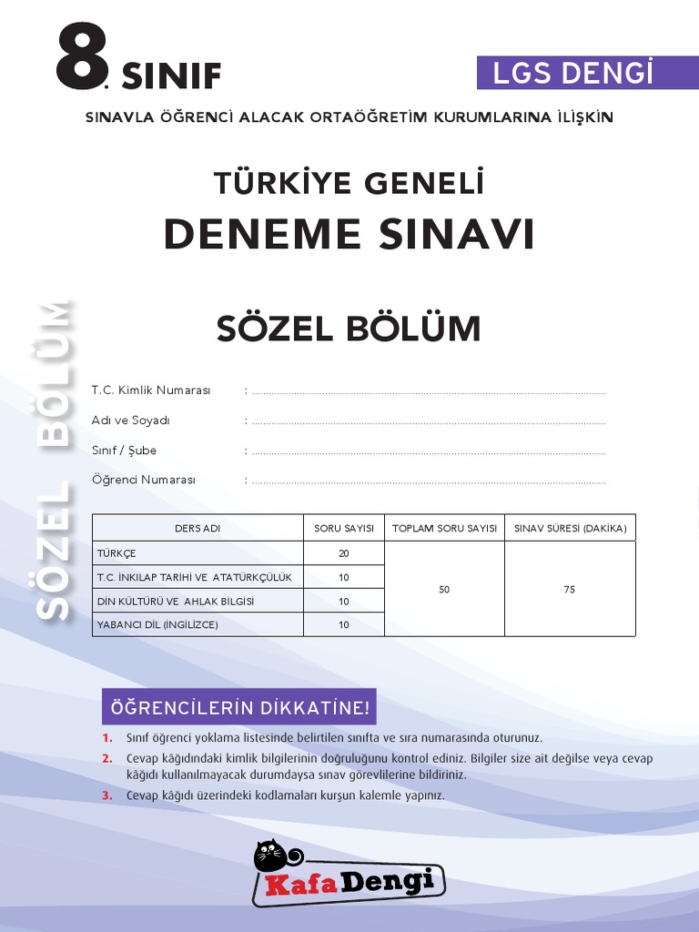 Kafa Dengi Yayınları LGS Deneme Sınavı Sözel Bölüm | PDF