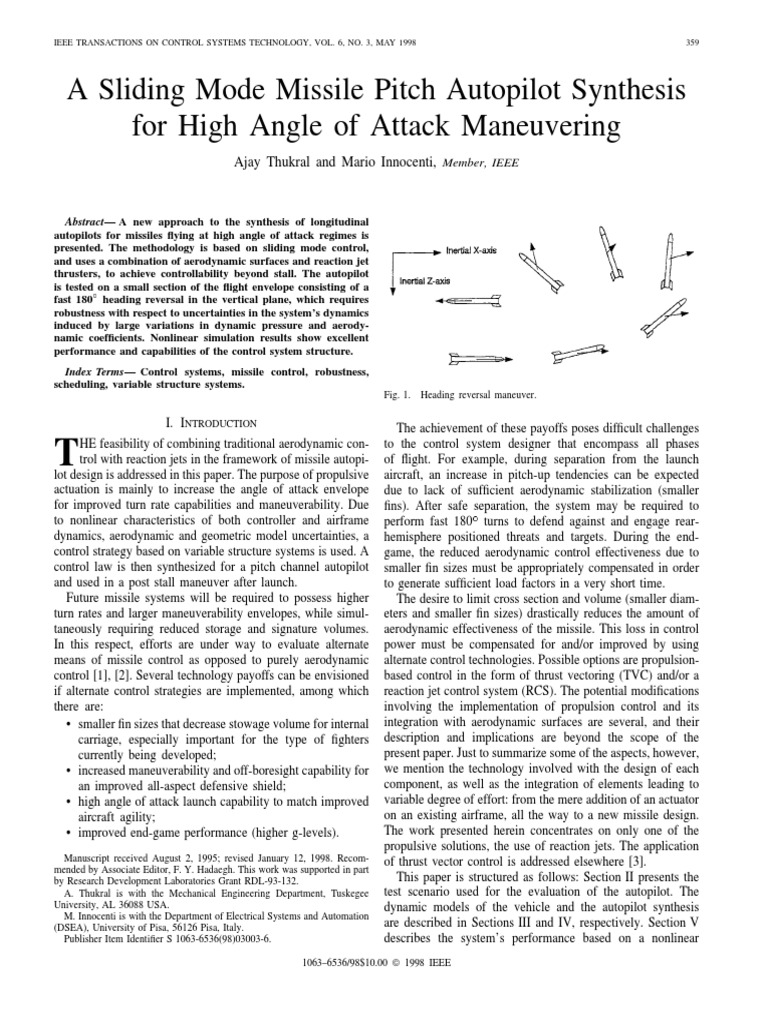 A Sliding Mode Missile Pitch Autopilot Synthesis For High Angle Of Attack Maneuvering Pdf
