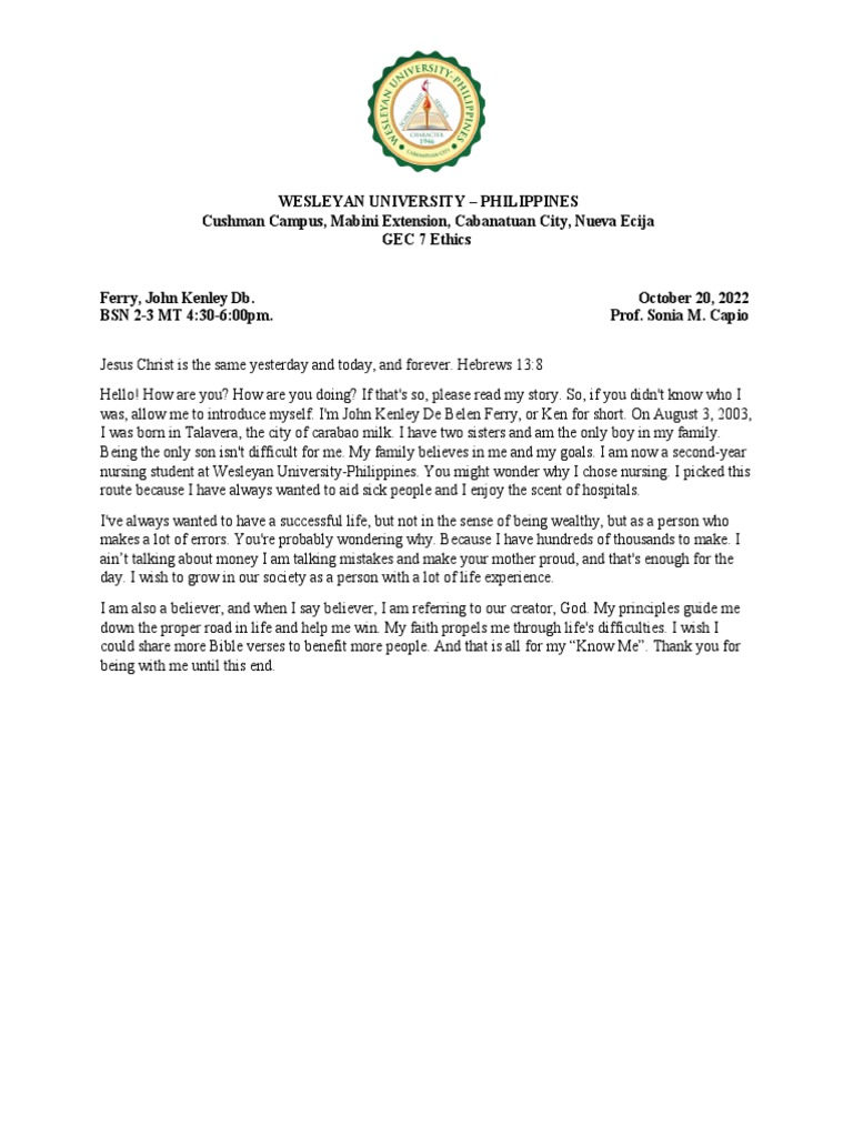 Ferry John Kenley - ETHICS Know Me | PDF | Self-Improvement