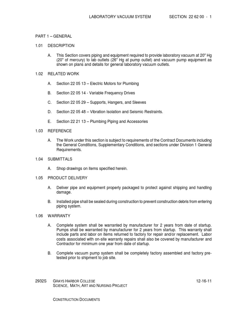 SEC 226200 Laboratory Vacuum System | PDF | Pipe (Fluid Conveyance ...