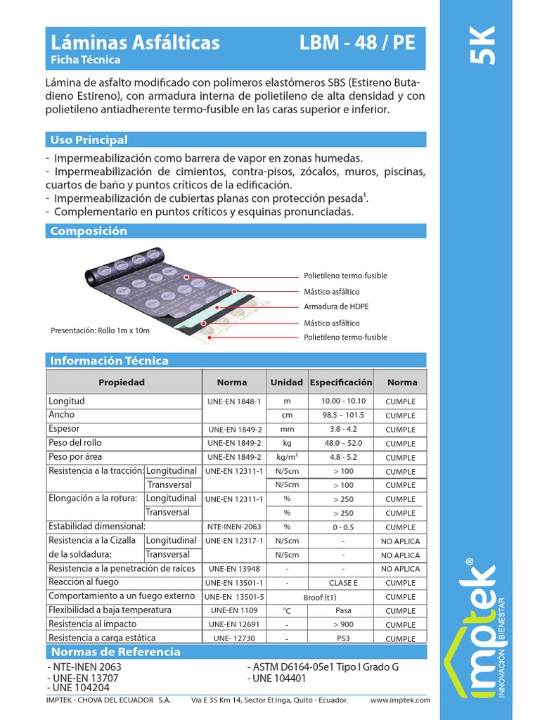Láminas Asfálticas LBM - 48 / PE: Ficha Técnica | PDF | Física Aplicada e Interdisciplinaria ...