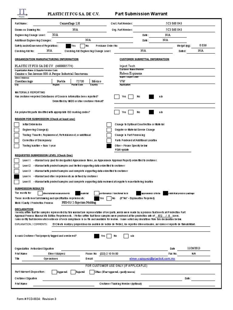 18) PPAP Part Submission Warrant PSW LH-RH | PDF | Signature ...
