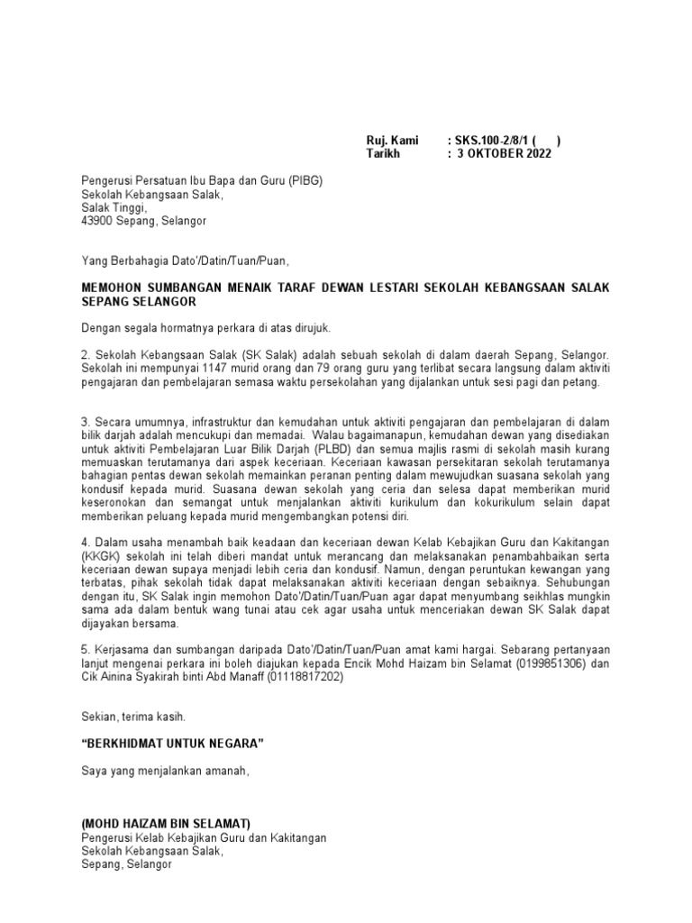 Surat Sumbangan pentas-PIBG | PDF