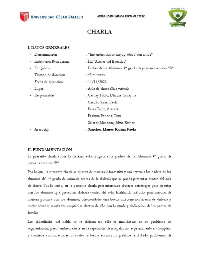Charla sobre Dislexia para Padres | PDF | Aprendizaje | Método de enseñanza