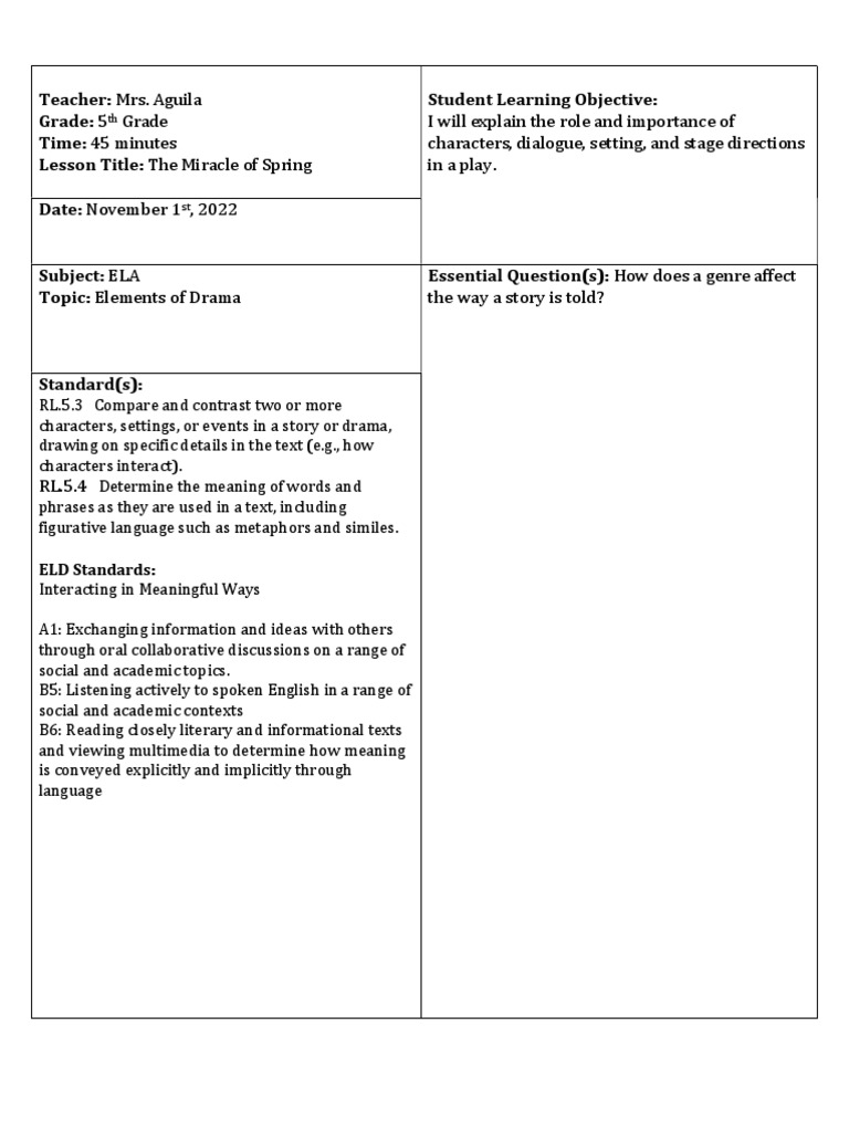 Elements of Drama Lesson | PDF | Reading Comprehension | Behavior Modification