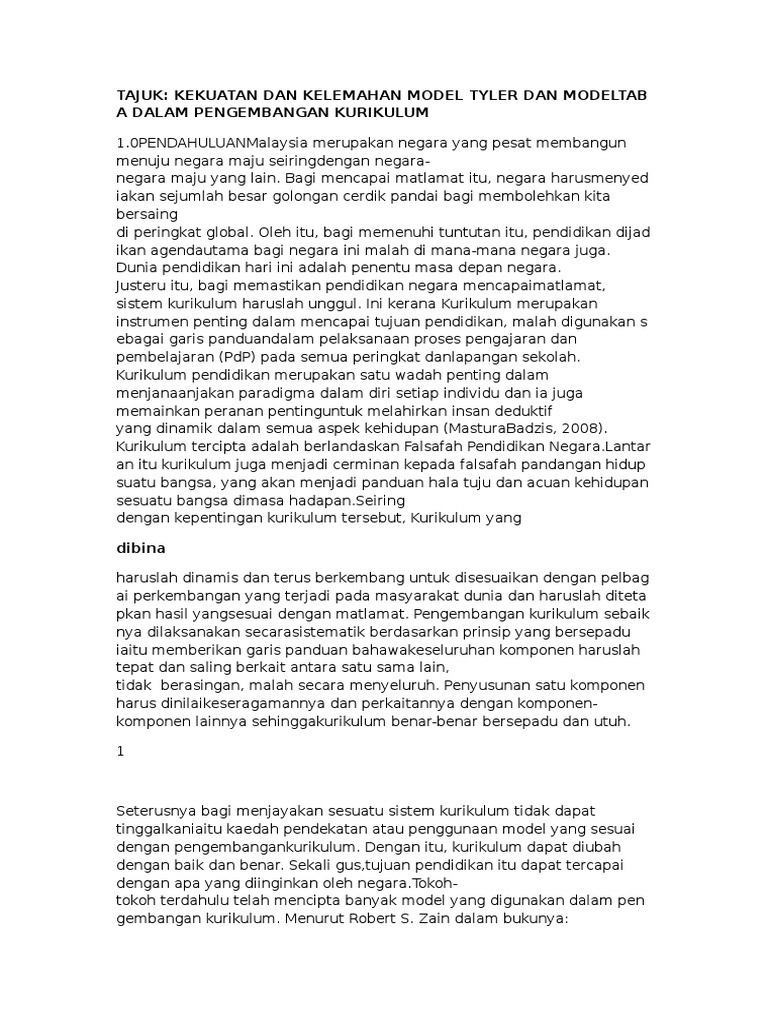Kekuatan Dan Kelemahan Model Tyler Dan Modeltaba Dalam Pengembangan Kurikulum | PDF
