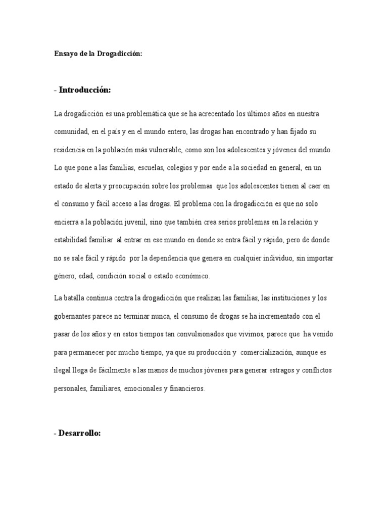 Ensayo de La Drogadicción | PDF | La dependencia de sustancias | Drogas