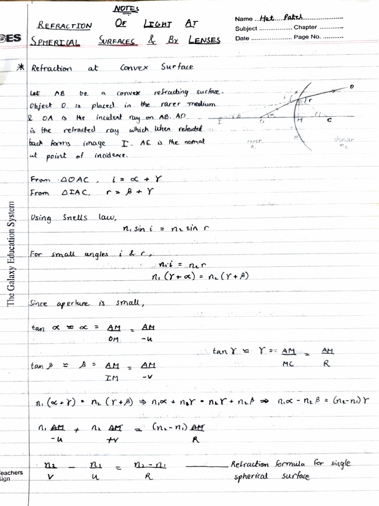 Refraction of Light at Spherical Surfaces & by Lenses Notes | PDF ...