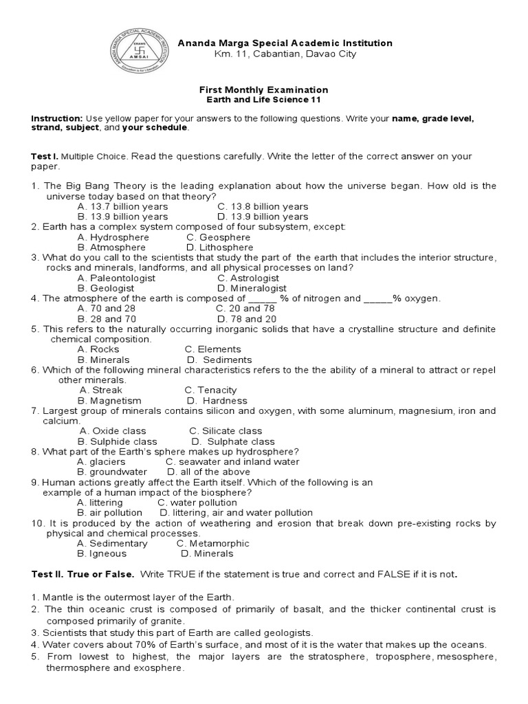 Grade 11 Earth and Life Science Exam | PDF | Earth | Rock (Geology)