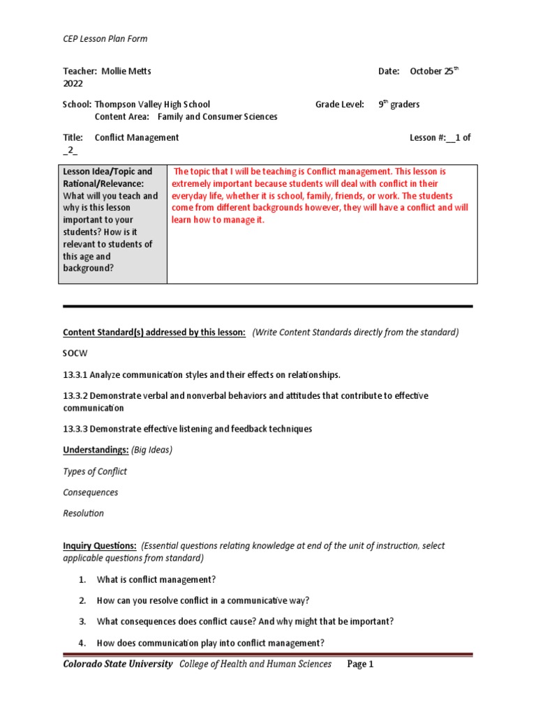 Conflict Management Lesson Plan | PDF | Lesson Plan | Communication