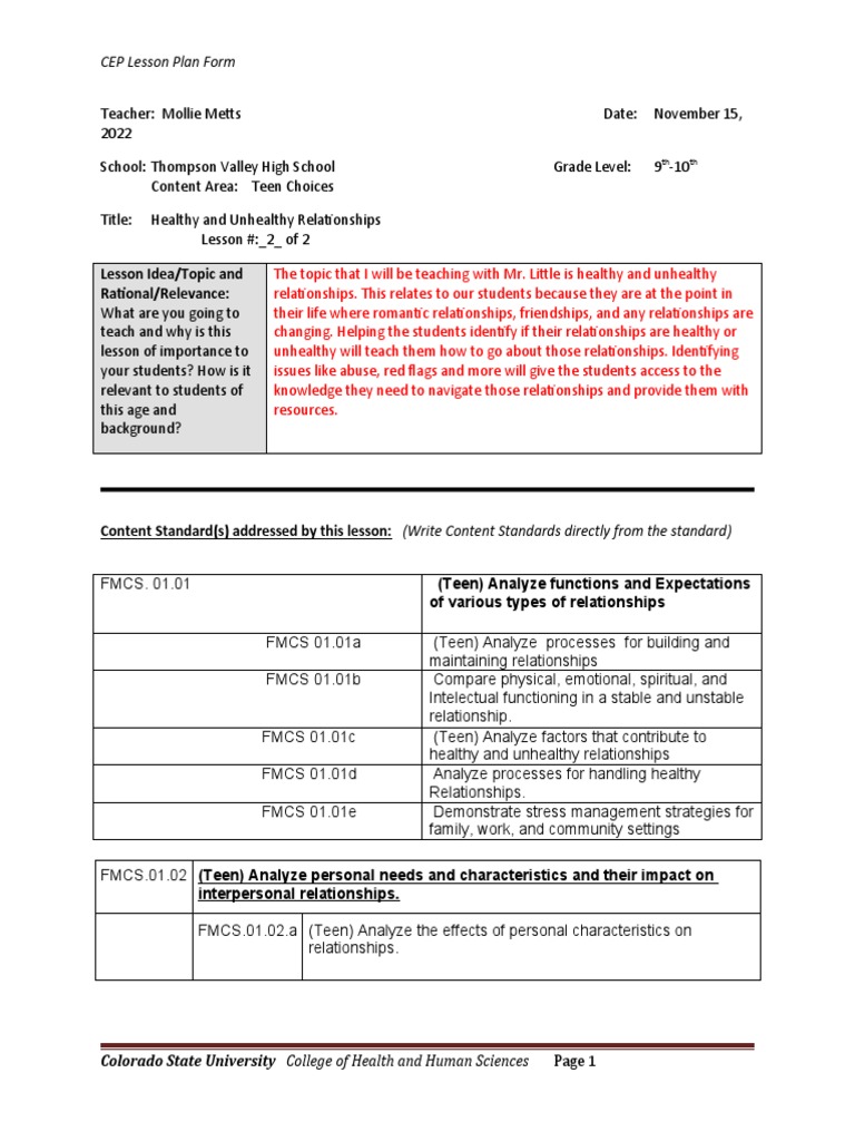 Healthy and Unhealthy Relationships Lesson | PDF | Adolescence | Lesson ...