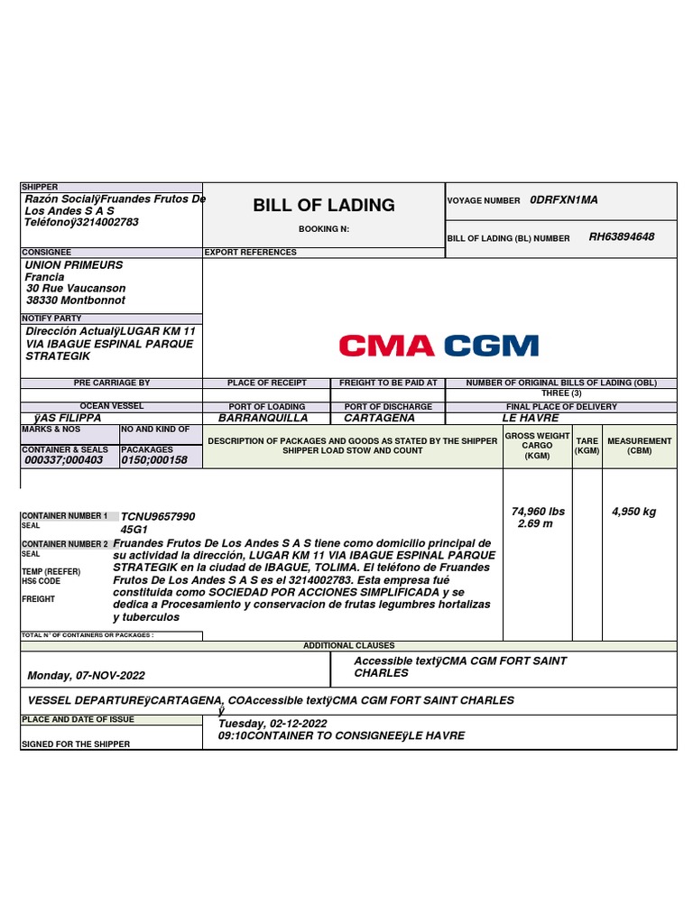BL Le Havre New | PDF | Bill Of Lading | Cargo