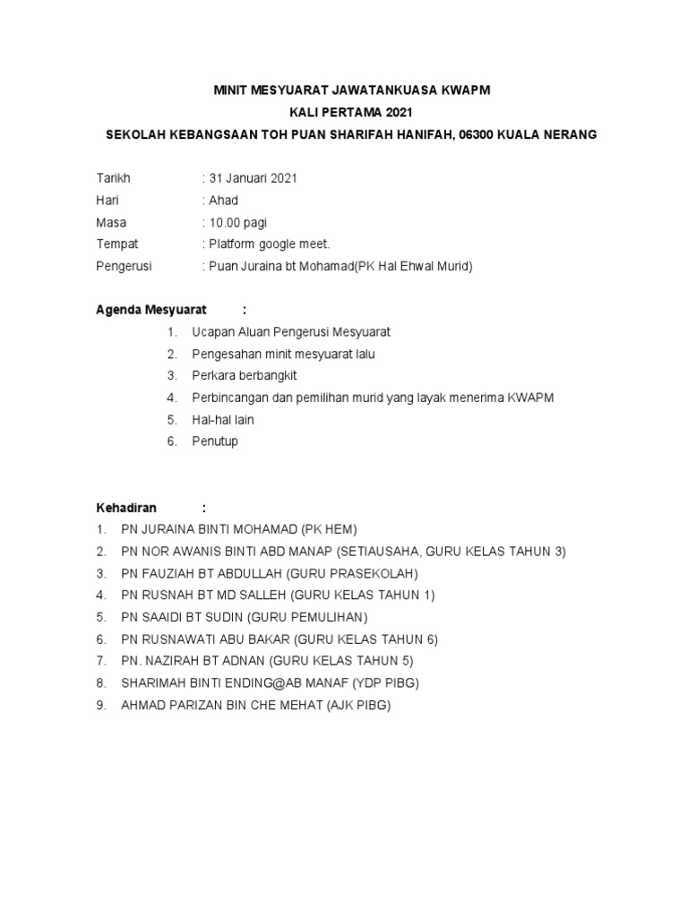 MINIT MESYUARAT Kwapm 1 2021 | PDF