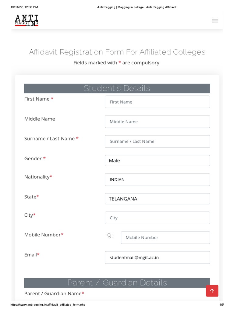 Sample Anti Ragging Form To Generate Undertaking | PDF