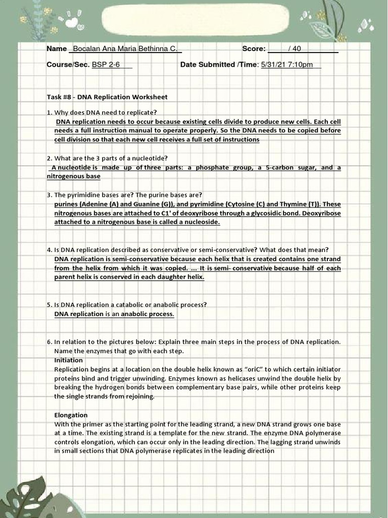 Biochem Task 9 Bocalanbethinna | PDF | Dna Replication | Dna