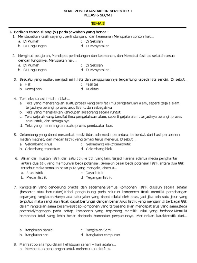 Soal PAS Kelas 6 Sem 1 Tema 3 - Kamimadrasah | PDF