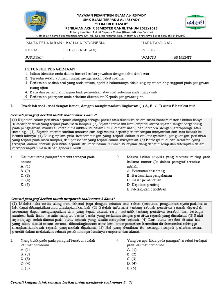 Soal PAS Bhs Indonesia Kls 12 - WWW - Kherysuryawan.id | PDF