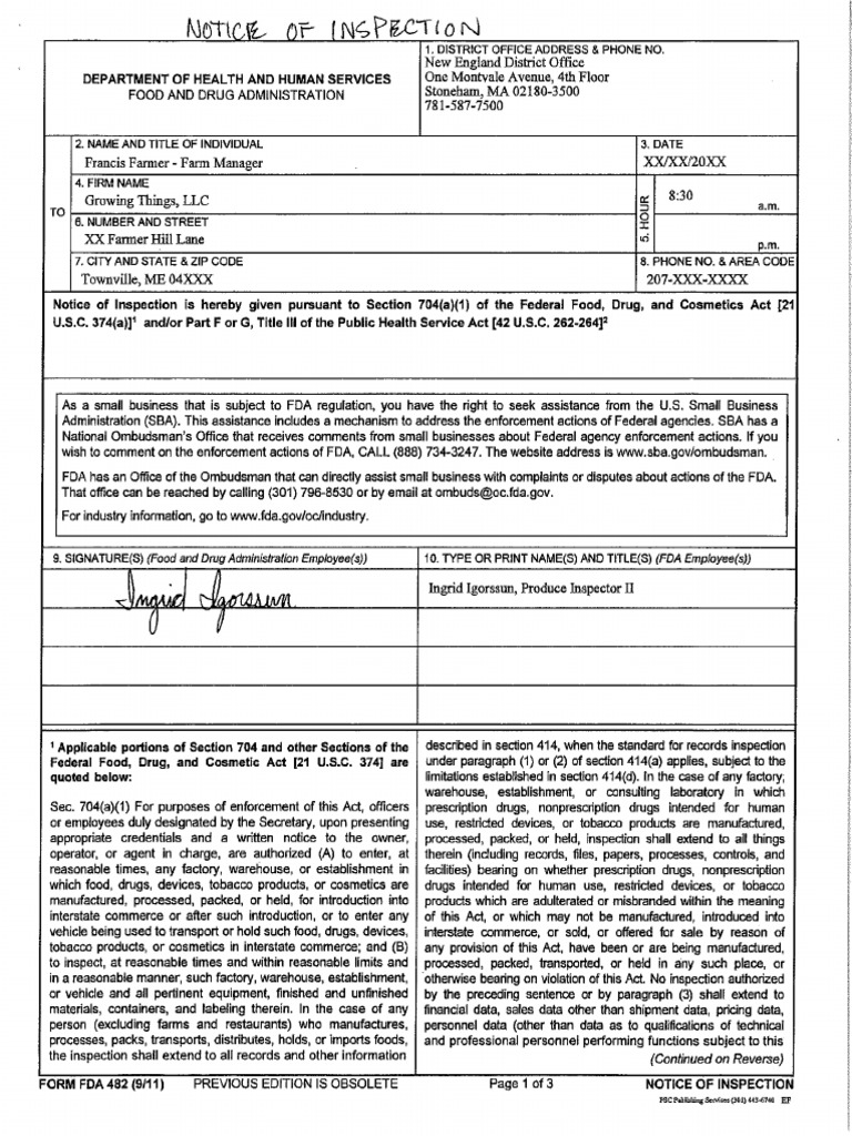 Fda482 Example Noticeofinspection | PDF