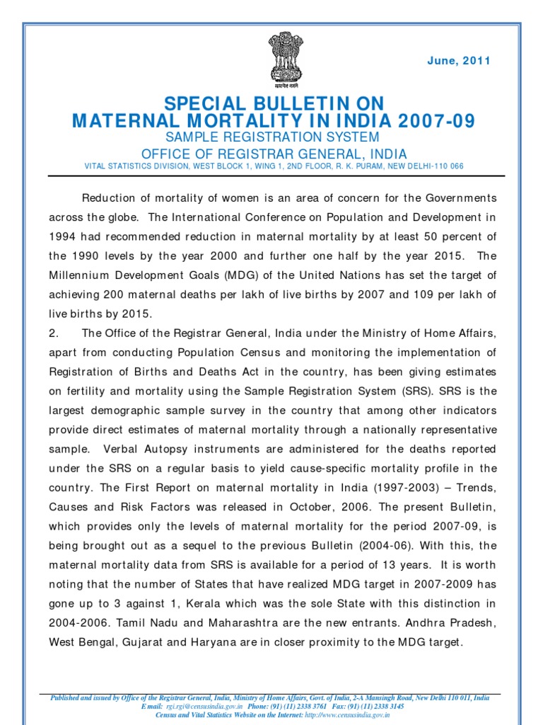 Special Bulletin On Maternal Mortality in India 2007-09: Sample ...