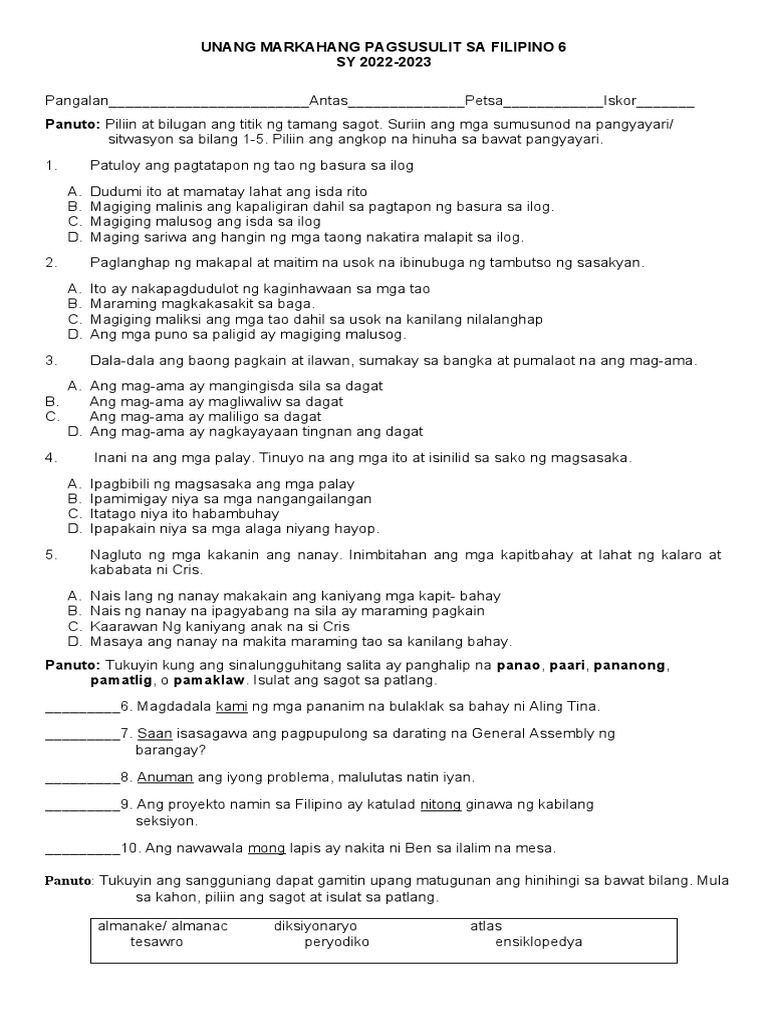 Unang Markahan Pagsusulit Sa Filipino 6 at Tos | PDF