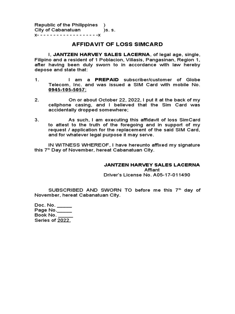 Affidavit of Loss - Simcard | PDF