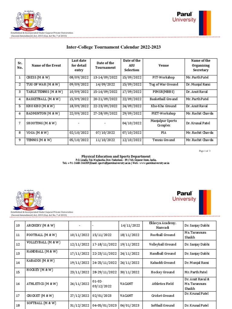 Inter College Tournament Calendar 2022-23 | PDF | Sports | Educational Stages