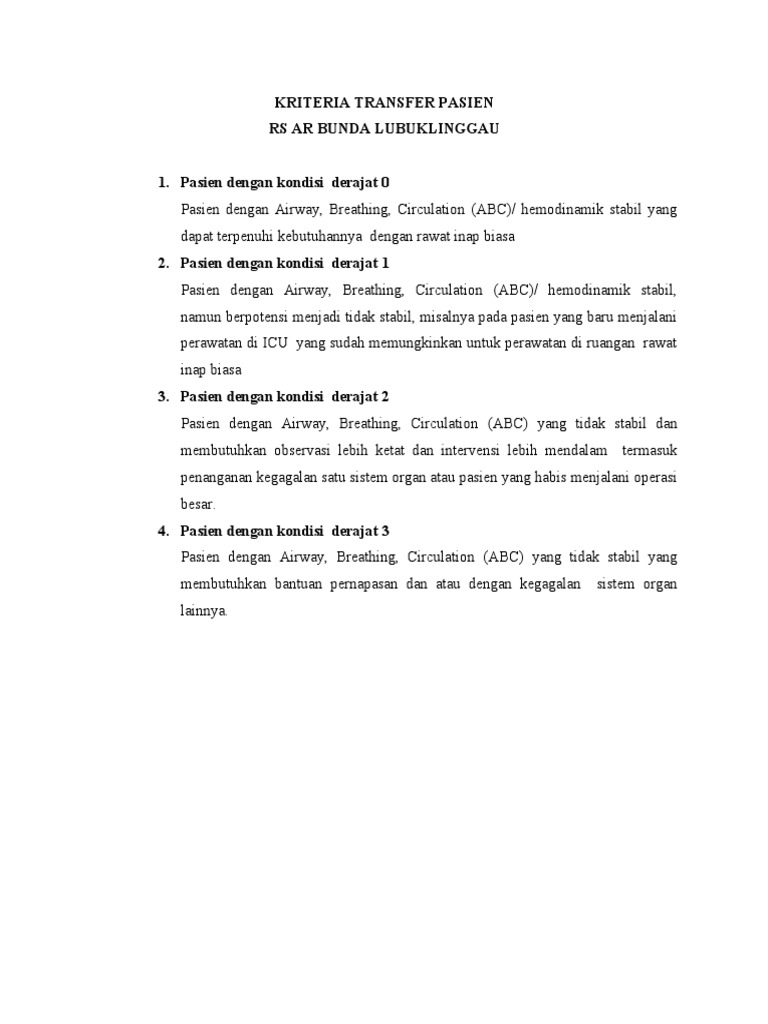 Kriteria Transfer Pasien | PDF