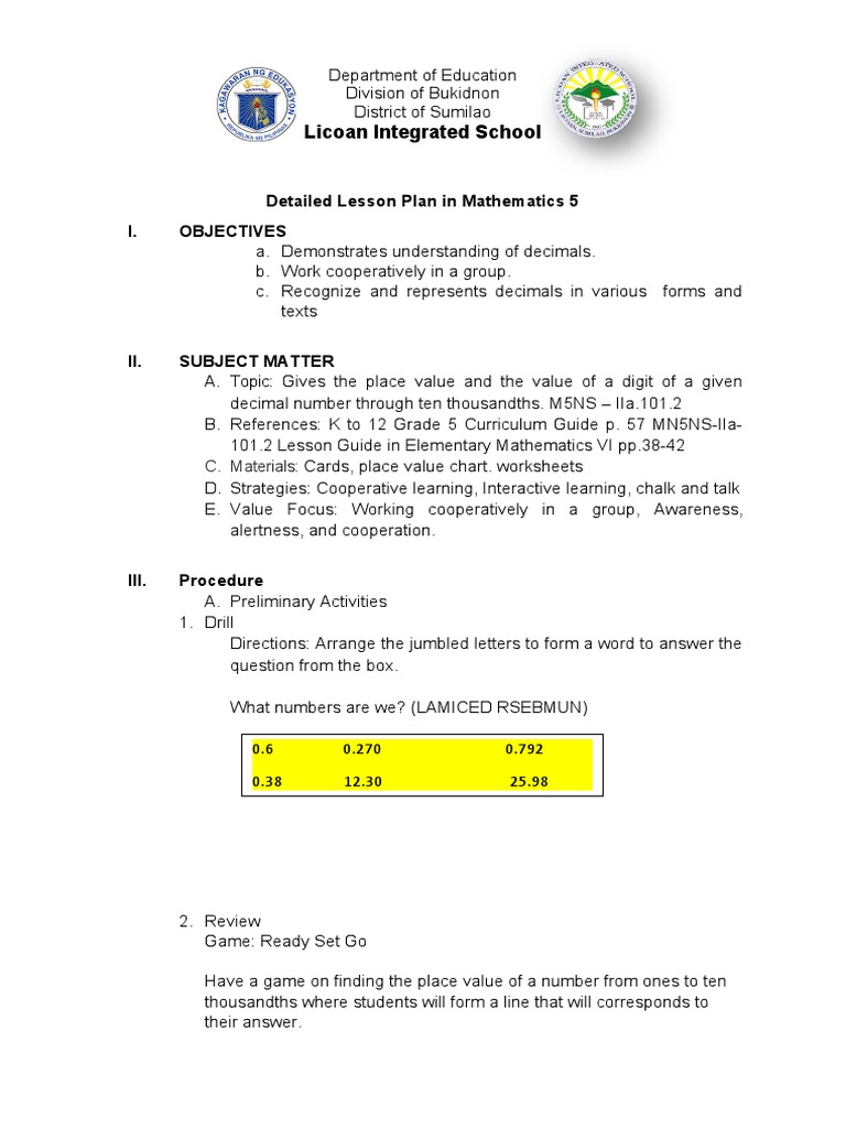 Detailed Lesson Plan in Mathematics 5 | PDF | Electrical Conductor ...