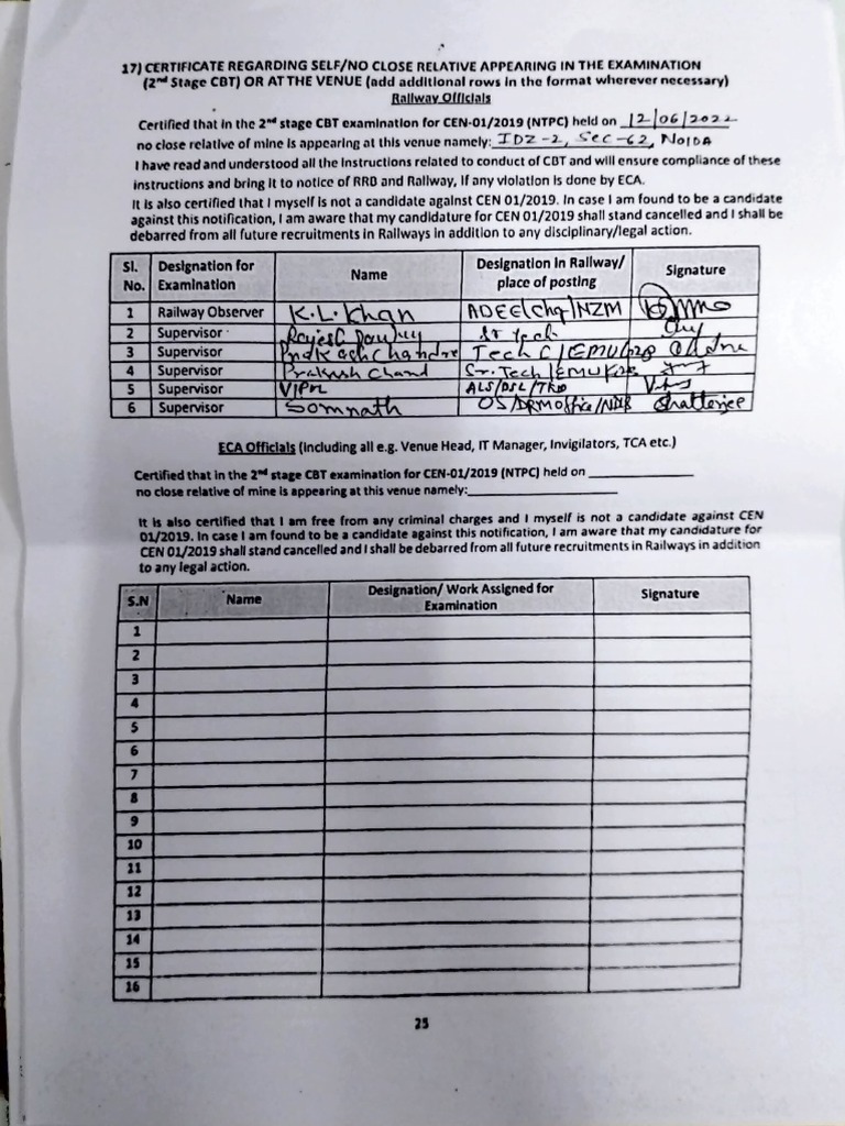 NTPC Exam Duty Attendance | PDF