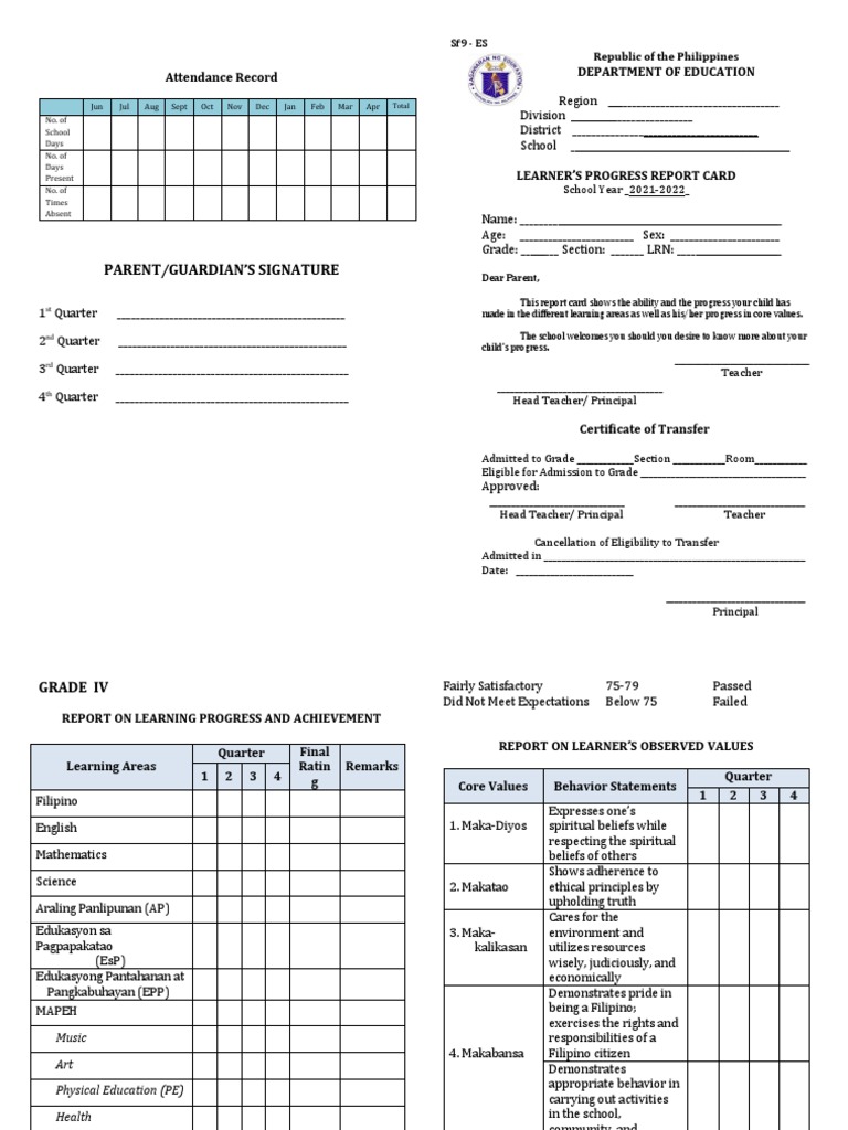 SF 9 - Elementary (Learner's Progress Report Card) | PDF | Learning | Cognition